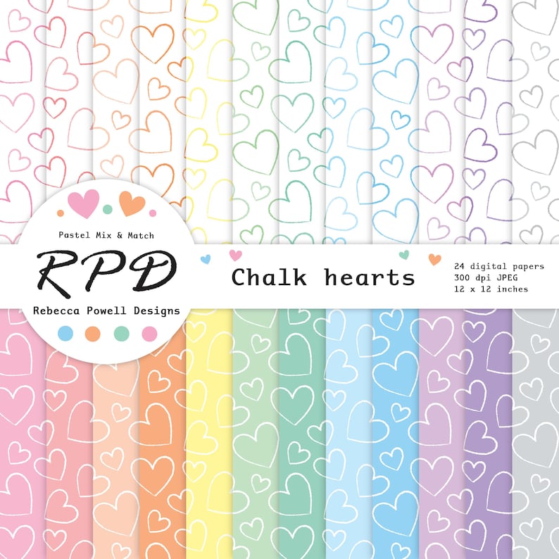 Pastel Love Hearts Digital Paper: Seamless Scrapbook Patterns (digital ...