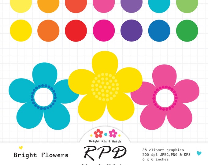 Flower Clipart Clip Art, Bright Flowers, Retro Vintage Flowers, Floral ...
