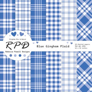 Bright Blue & White Gingham Plaid Checks Digital Paper, Seamless ...