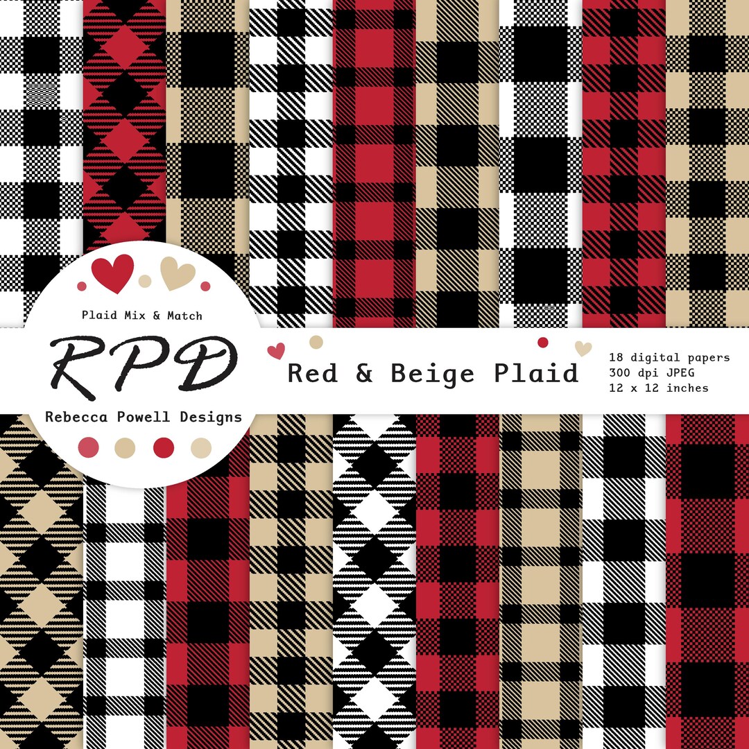 Red & Beige Buffalo Plaid Digital Paper Pack: Seamless Checks Pattern ...