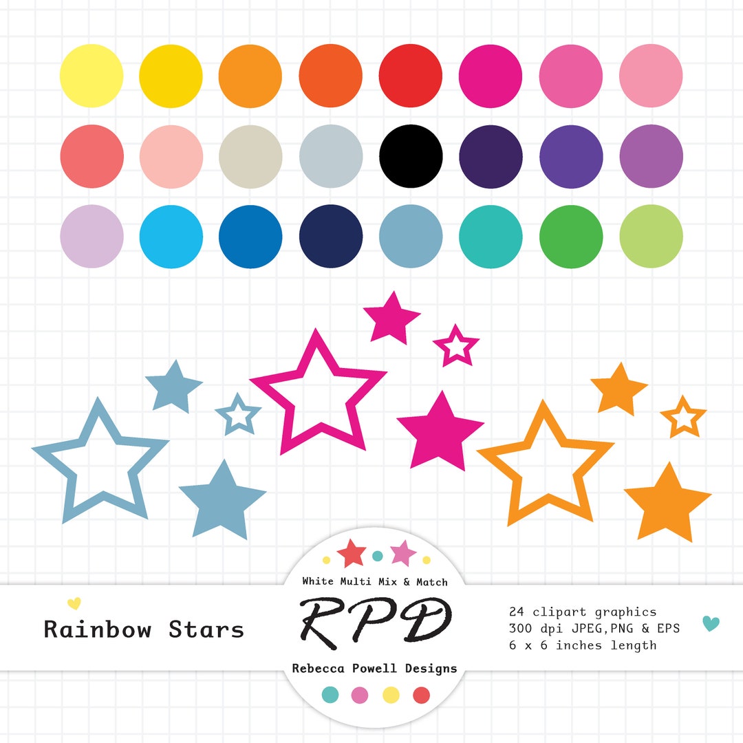 SALE Stars Digital Clip Art Set, Solid Rainbow Colours, Star Outlines ...