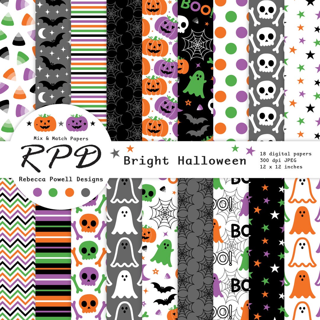 Bright Rainbow Halloween Paper Pack: Ghosts, Skulls, Bats Seamless ...