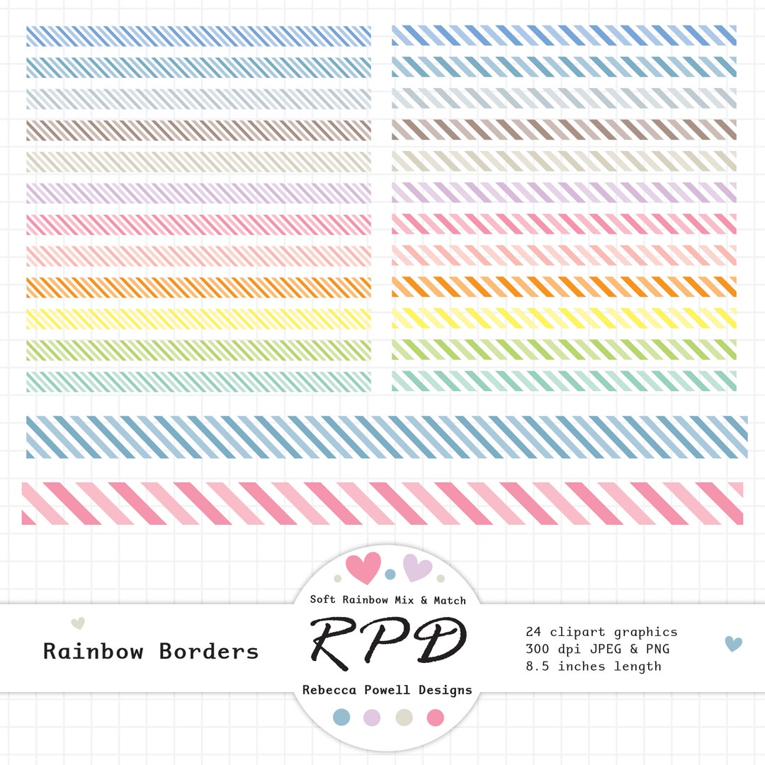 Striped Ribbon Borders Digital Clip Art Set, Pastel Rainbow Colours ...