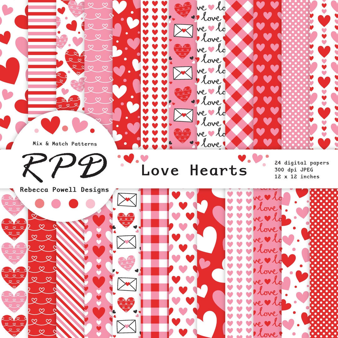 SALE Love Hearts Valentines Wedding Digital Papers, Seamless Patterns ...