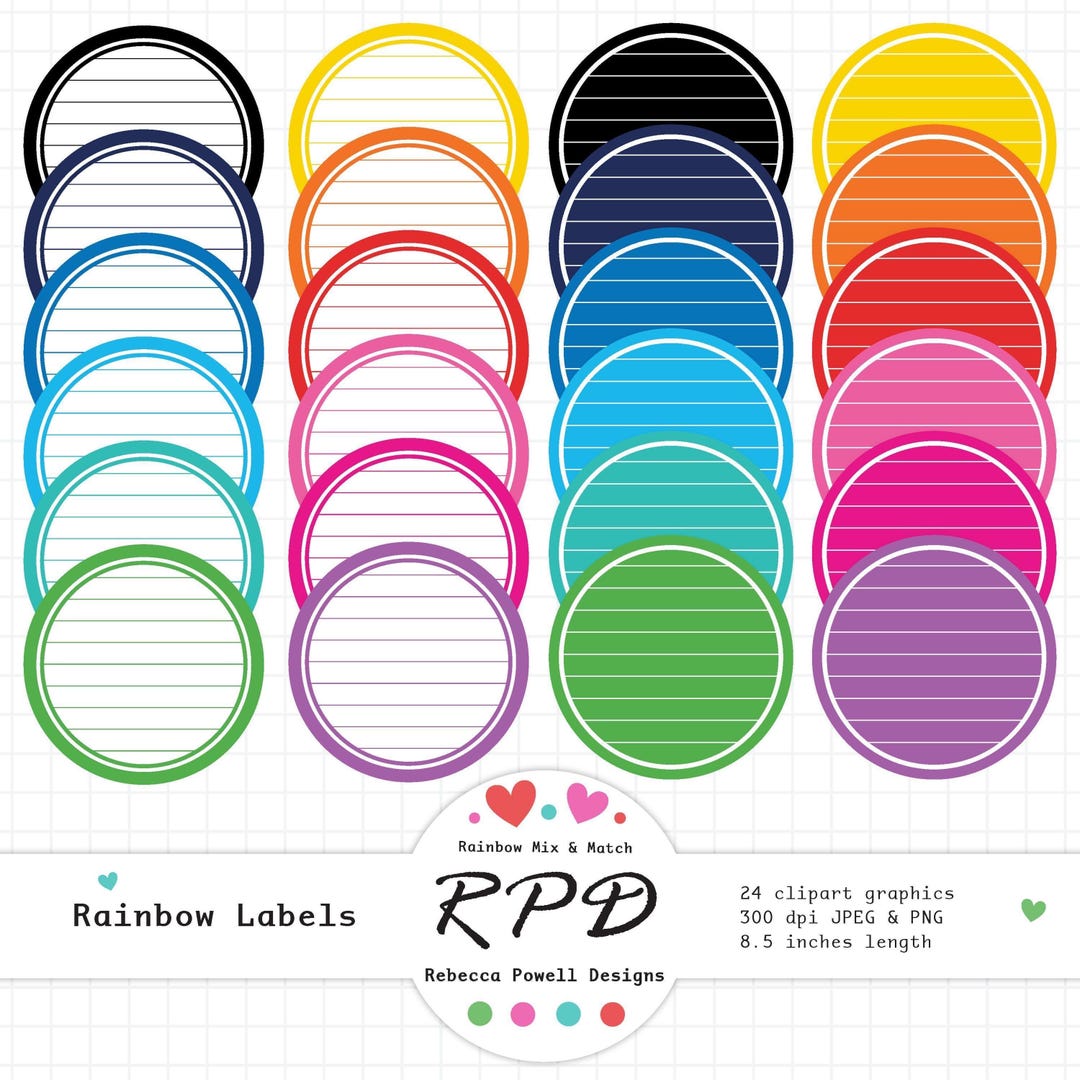Rainbow Lined Paper Clip Art Labels: Round Printable Graphics (digital ...