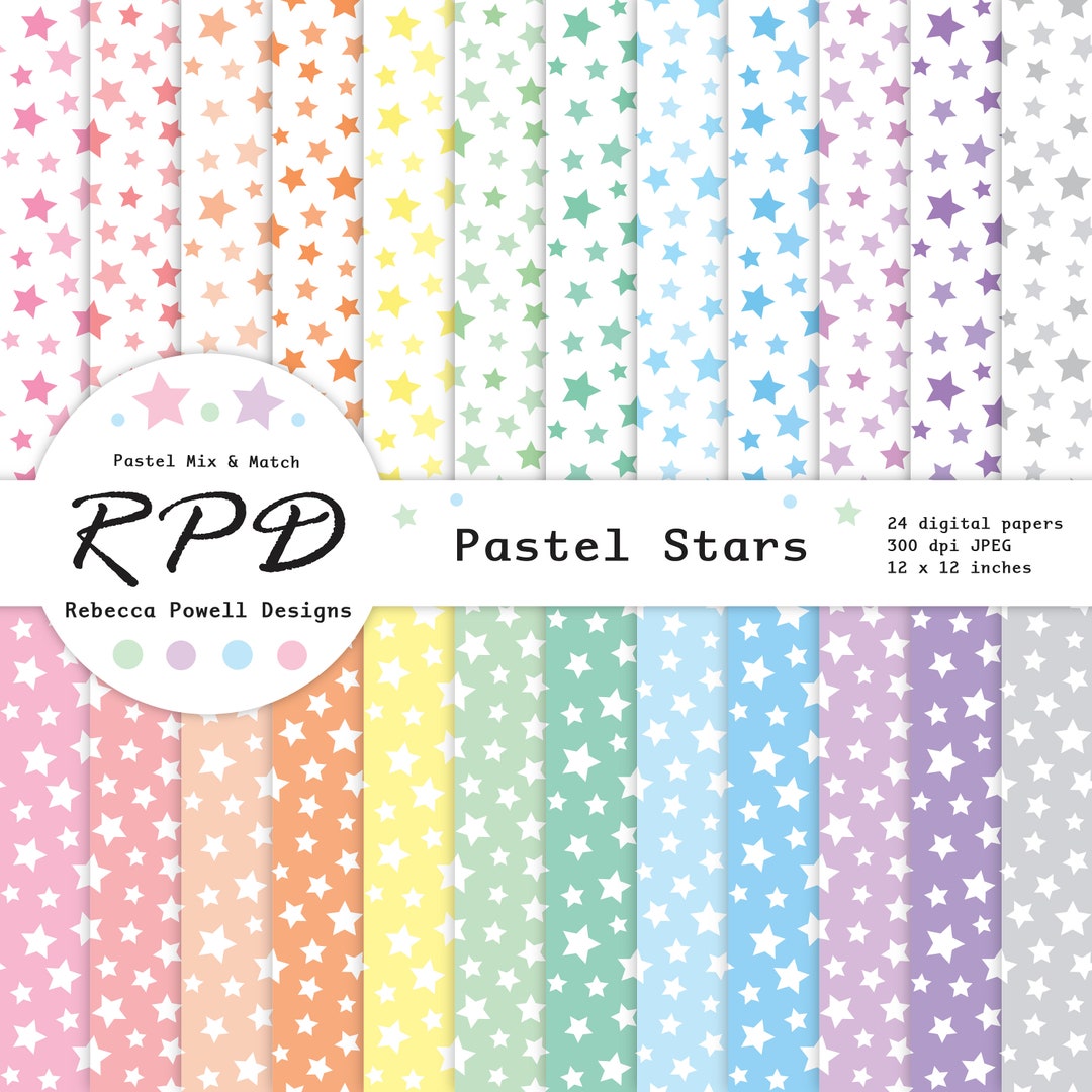 Stars Confetti Digital Paper, Seamless Pattern, Pastel Colours, White ...