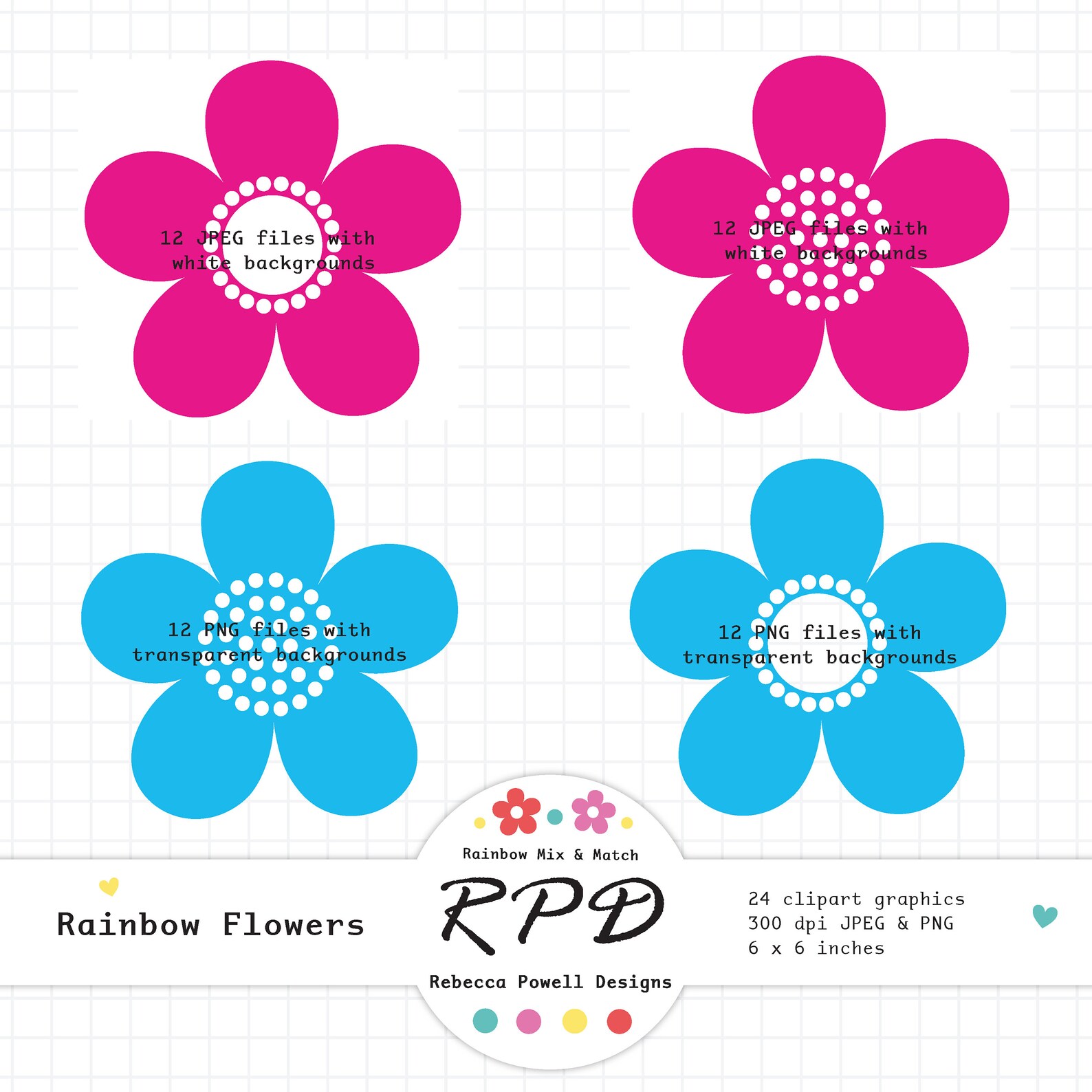 Rainbow Flowers Clip Art Set: Hand Drawn Floral Graphics (PNG, JPEG ...