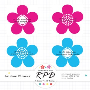 Flowers Floral Digital Clip Art Set, Hand Drawn, Rainbow Colours, White ...