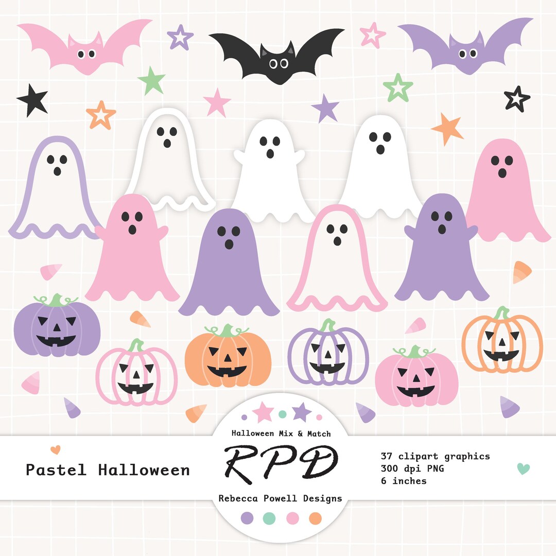 Halloween Clipart Pack: Pastel Colours Ghosts, Pumpkins and Bats ...