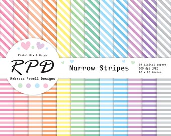 Pinstripe Digital Paper Pattern, Seamless, Vertical Stripe, 24 Pastel ...