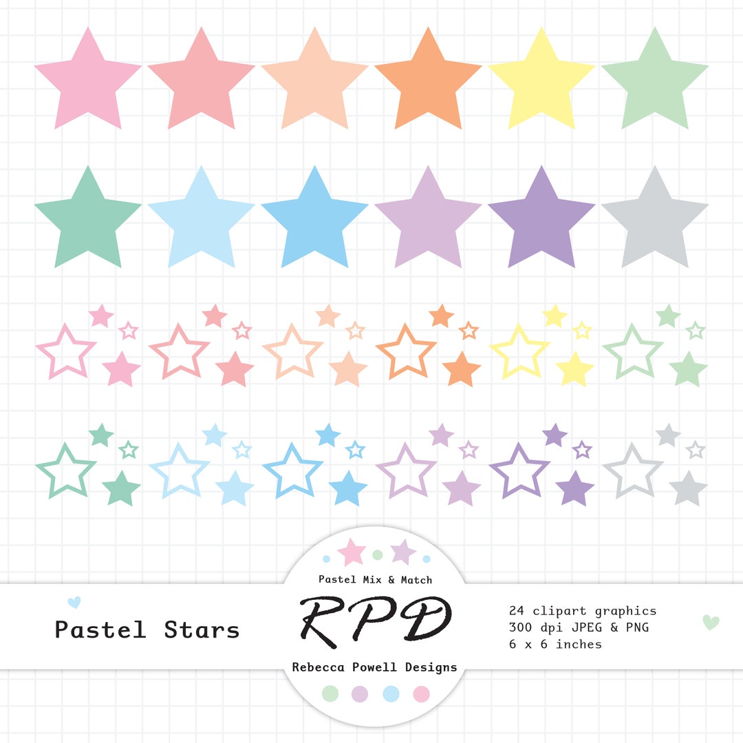 Stars Digital Clip Art Set, Solid Pastel Colours, Star Outlines, Png ...