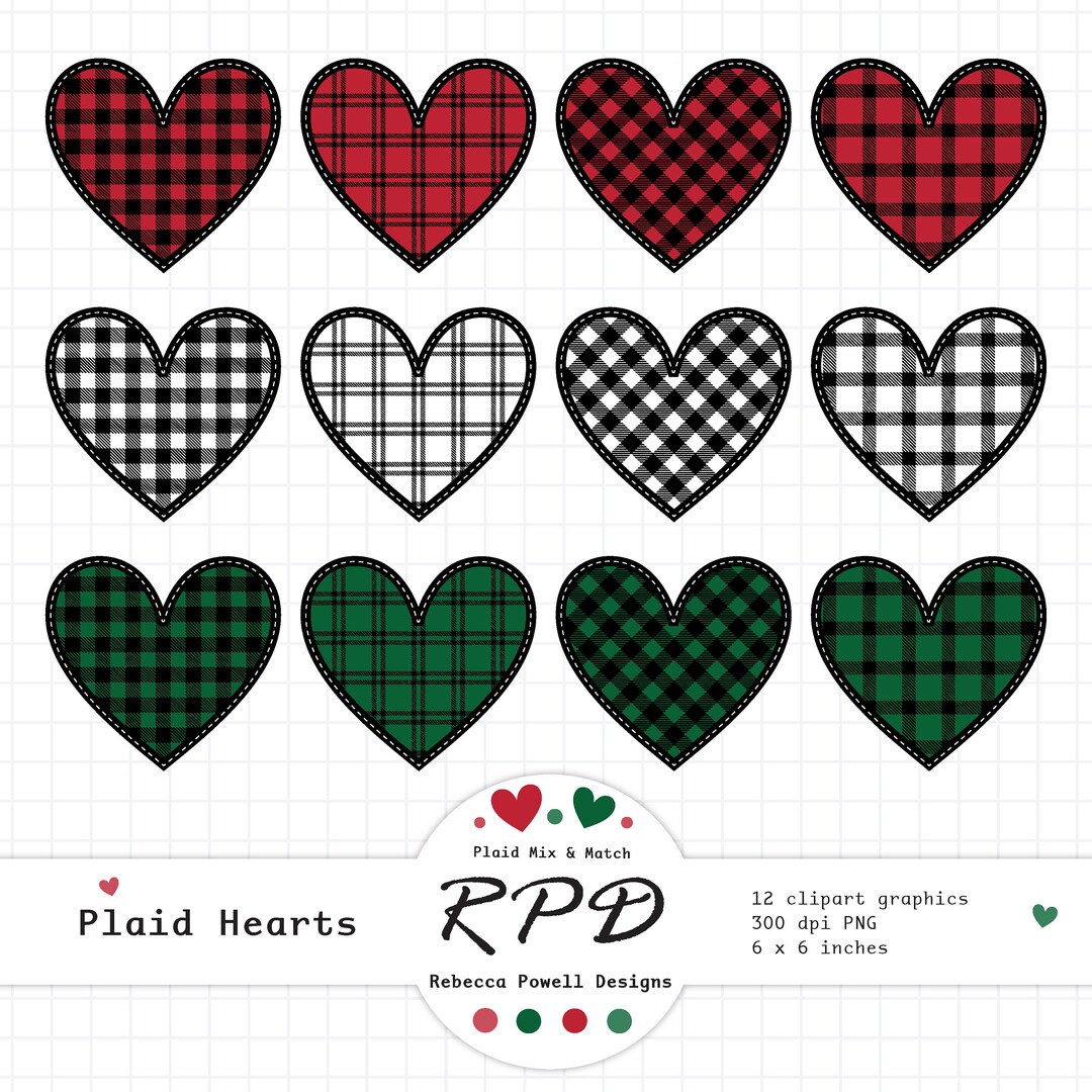 SALE Buffalo Plaid Clipart Hearts Set, PNG Transparent Background, Red ...