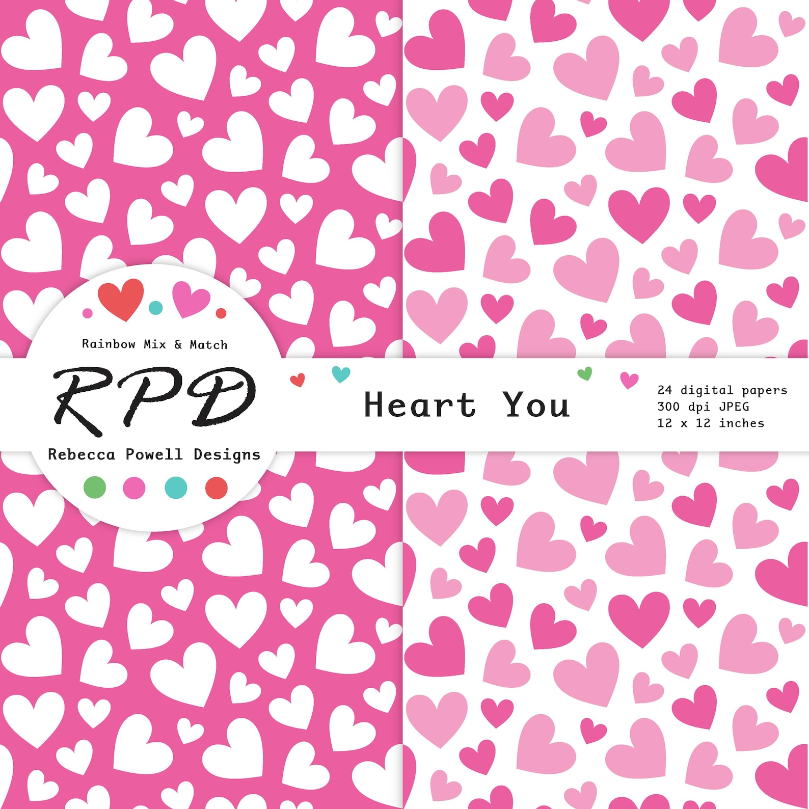 Hearts Seamless Pattern Digital Paper Pack, Rainbow Colours & White ...