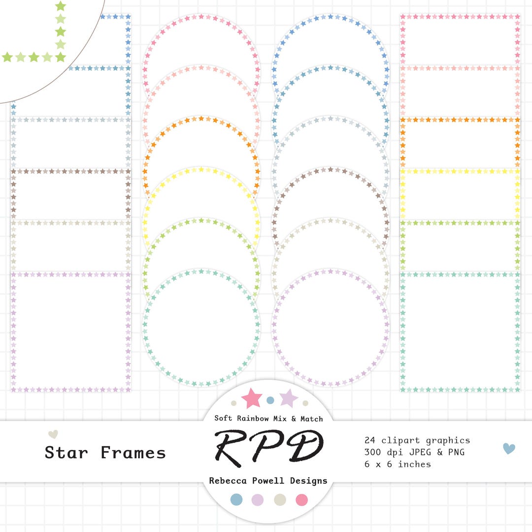 Star Frames Digital Clip Art Set, Pastel Rainbow Colours, Scrapbooking ...