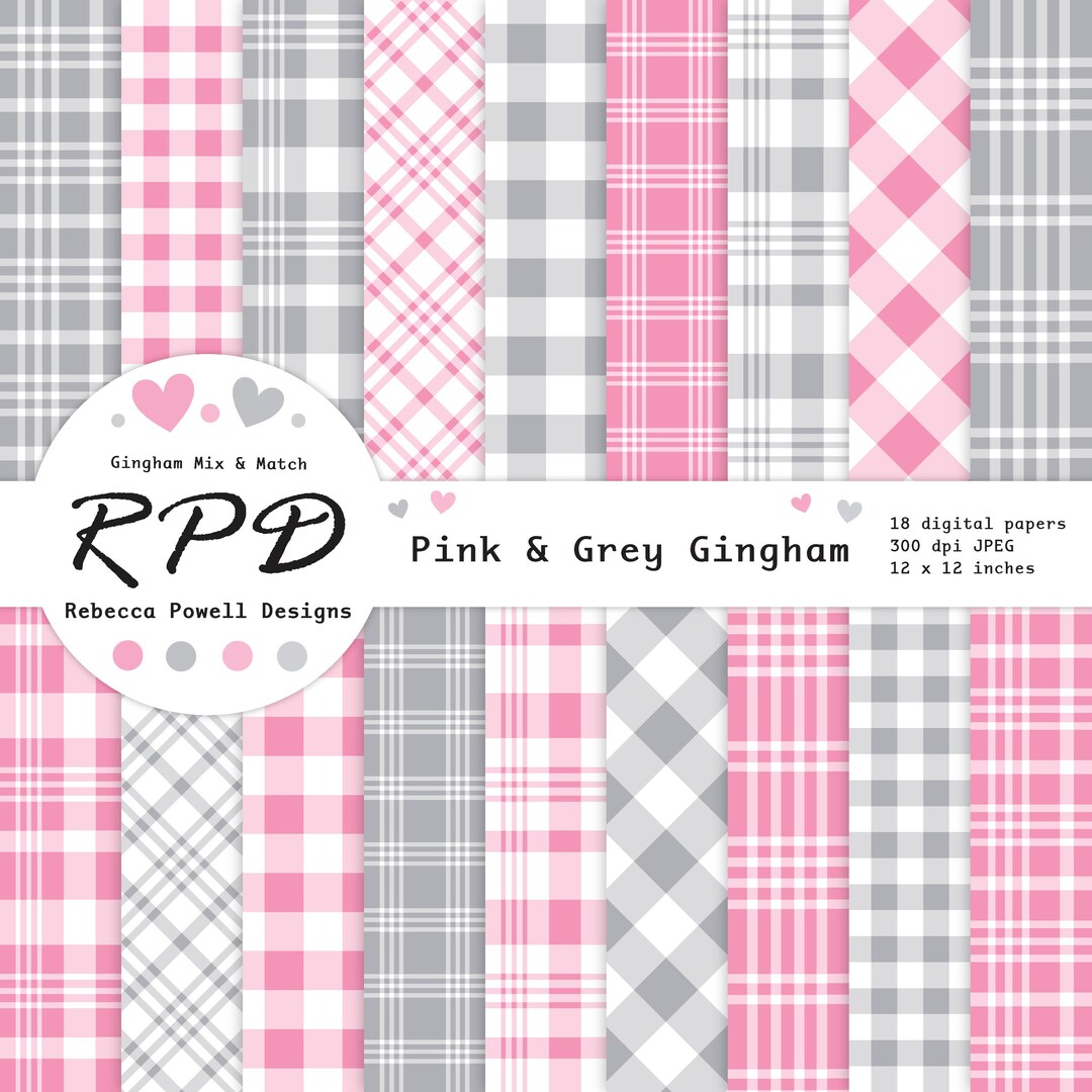 Pink, Grey & White Gingham Plaid Checks Digital Paper, Seamless ...