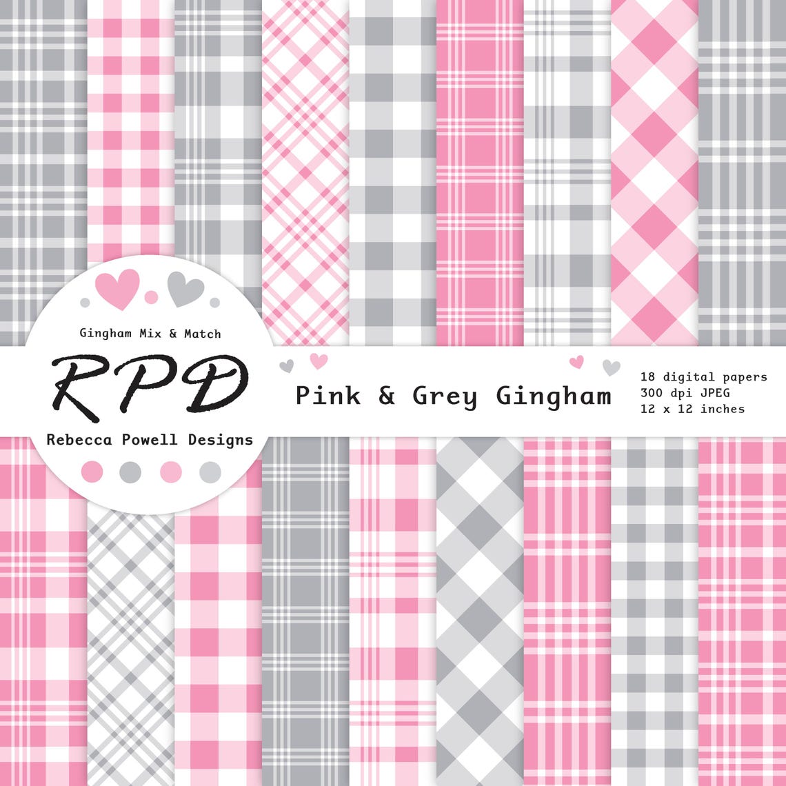 Pink, Grey & White Gingham Plaid Checks Digital Paper, Seamless ...