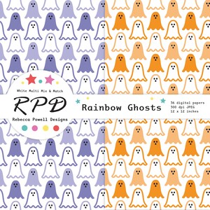 Spooky Ghosts Digital Paper, Seamless Pattern, Rainbow Colours, White ...