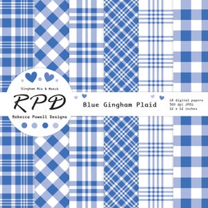 Bright Blue & White Gingham Plaid Checks Digital Paper, Seamless ...
