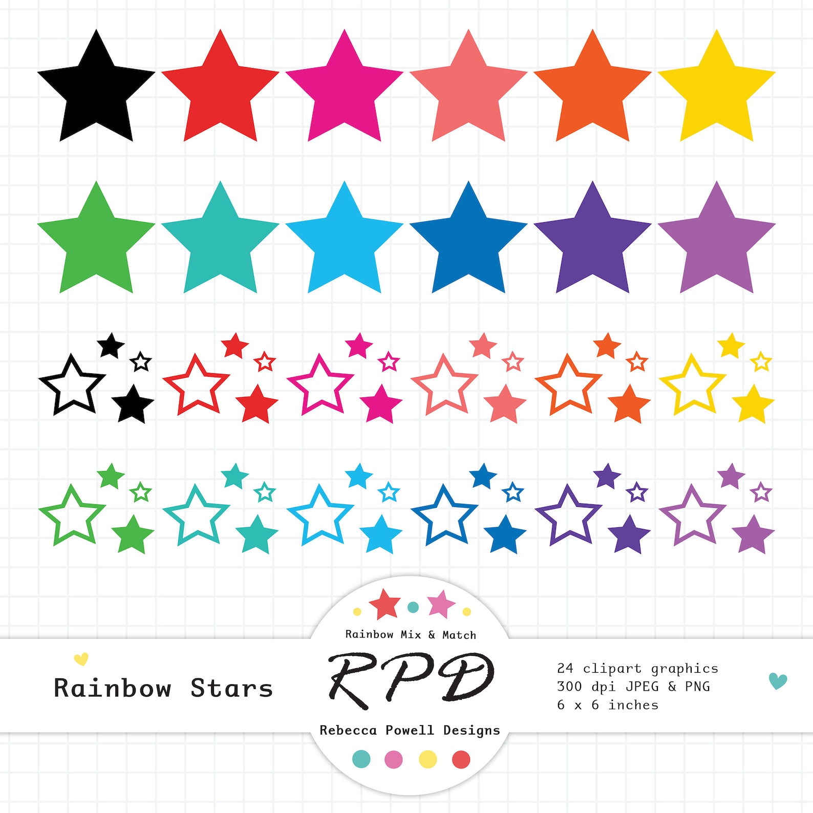 Rainbow Stars Clip Art Set: Solid & Outline (PNG, JPEG) - Etsy
