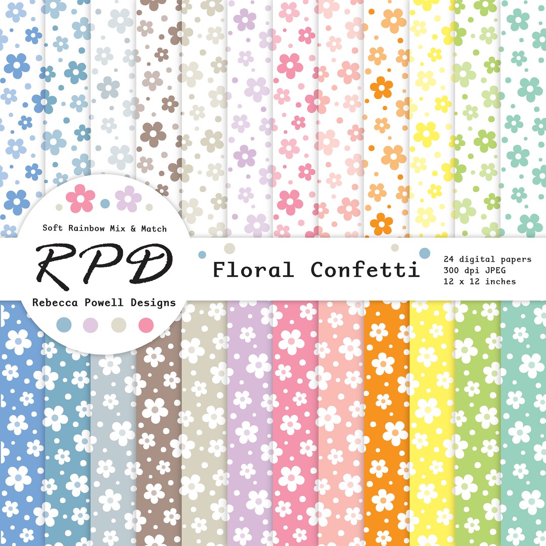 Cute Flower Confetti Pattern, Seamless Digital Paper, Pastel Rainbow ...