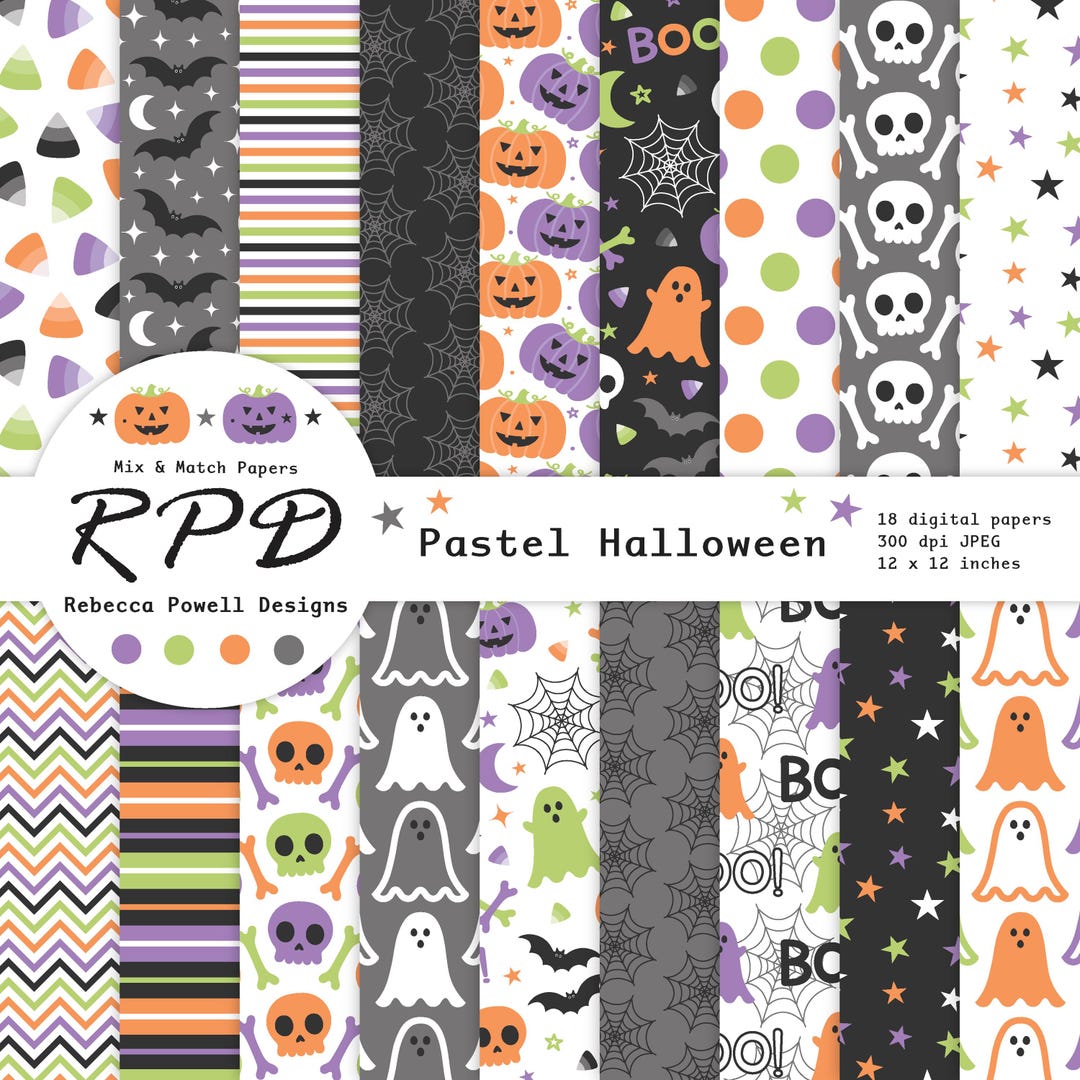 Pastel Halloween Paper Pack: Ghosts, Skulls, Bats Seamless Patterns ...