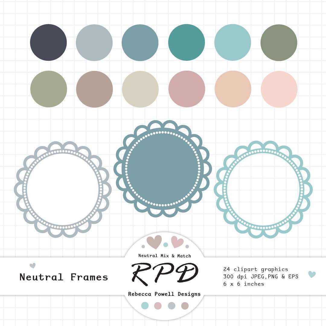 Circular Scalloped Frames Digital Clip Art Set, Vintage Style, Neutral ...