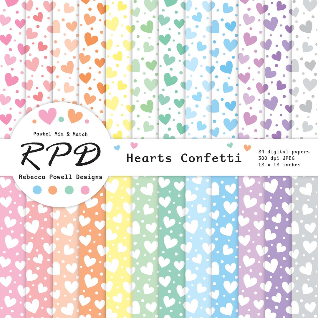 Hearts Confetti Digital Paper Pack: Pastel Scrapbook Backgrounds ...