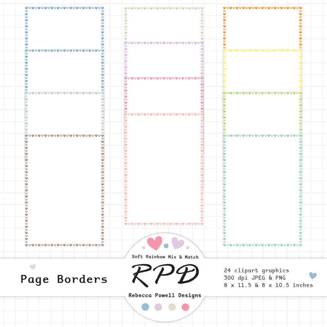 Hearts Page Borders Digital Clip Art Set, Pastel Rainbow Colours ...