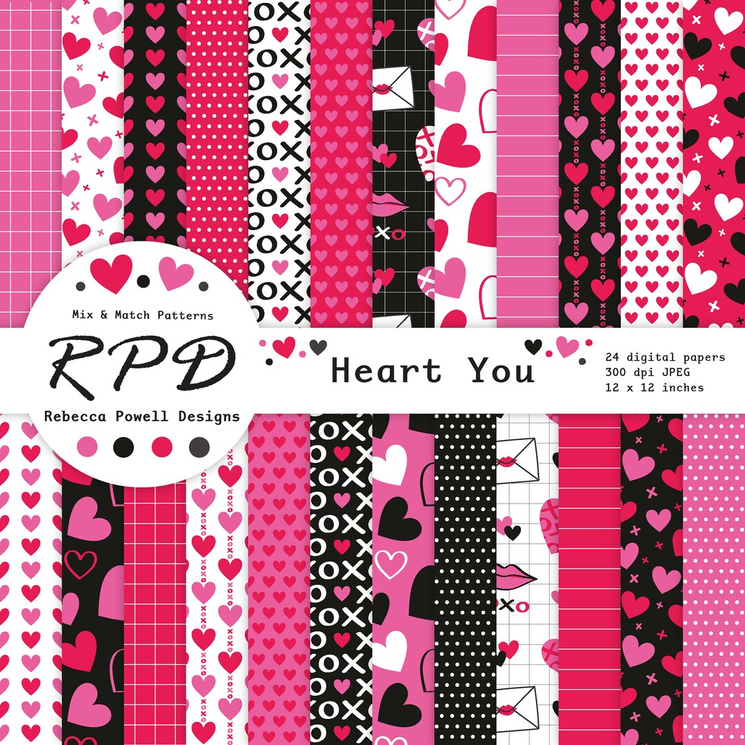 Valentines Cute Love Hearts Digital Paper Pack, Seamless Patterns, Red ...