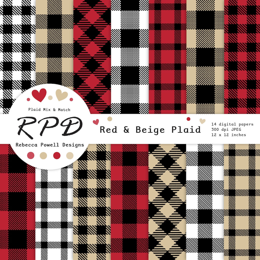 Red & Beige Buffalo Plaid Digital Paper Pack: Seamless Gingham (digital ...