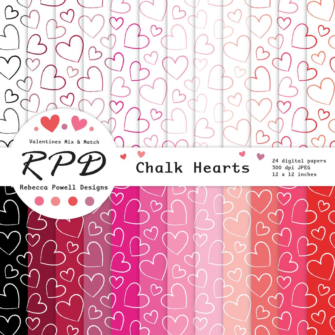 Hand Drawn Love Hearts Digital Paper Pack - Seamless Red and Pink ...