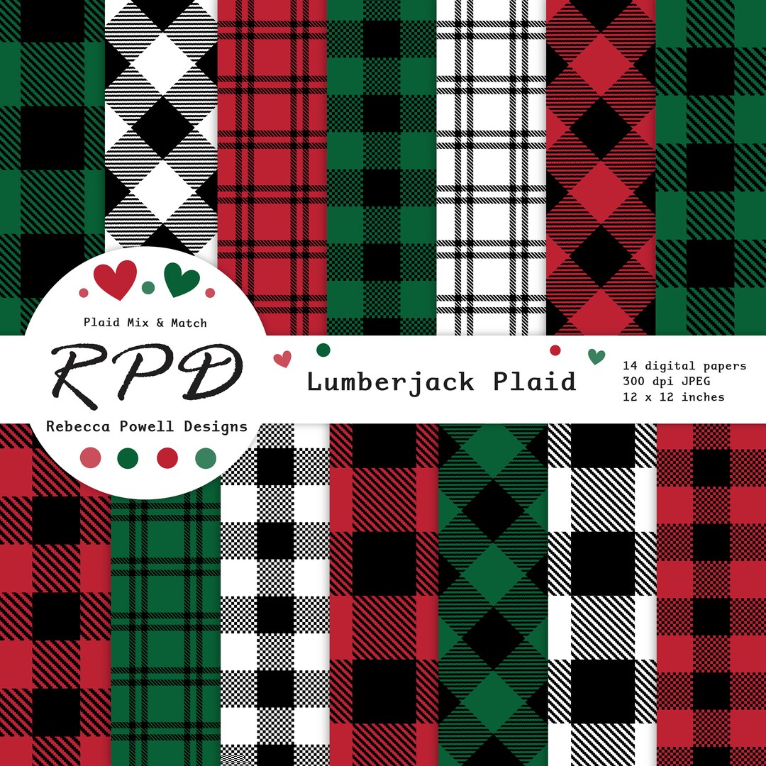 Red & Green Plaid Digital Paper Pack , Seamless, Black, White ...