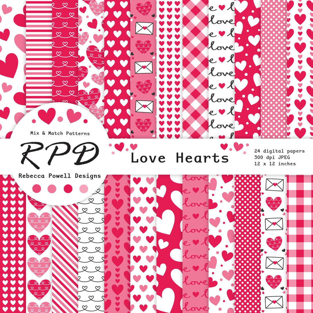 Red & White Love Hearts Digital Paper Pack, Cute Valentines Wedding ...