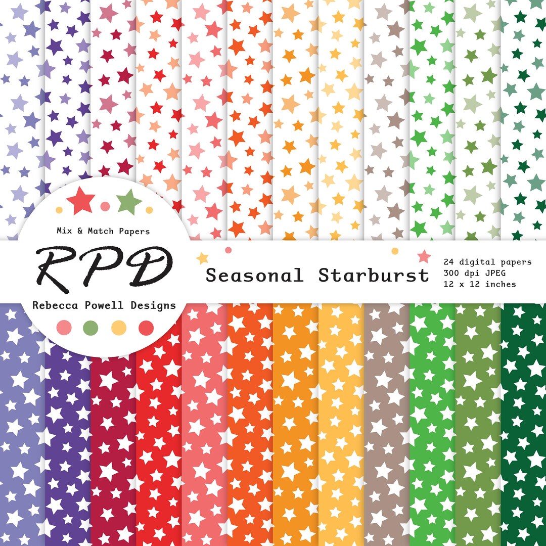 Stars Confetti Digital Paper, Seamless Pattern, Rainbow Colours, White ...