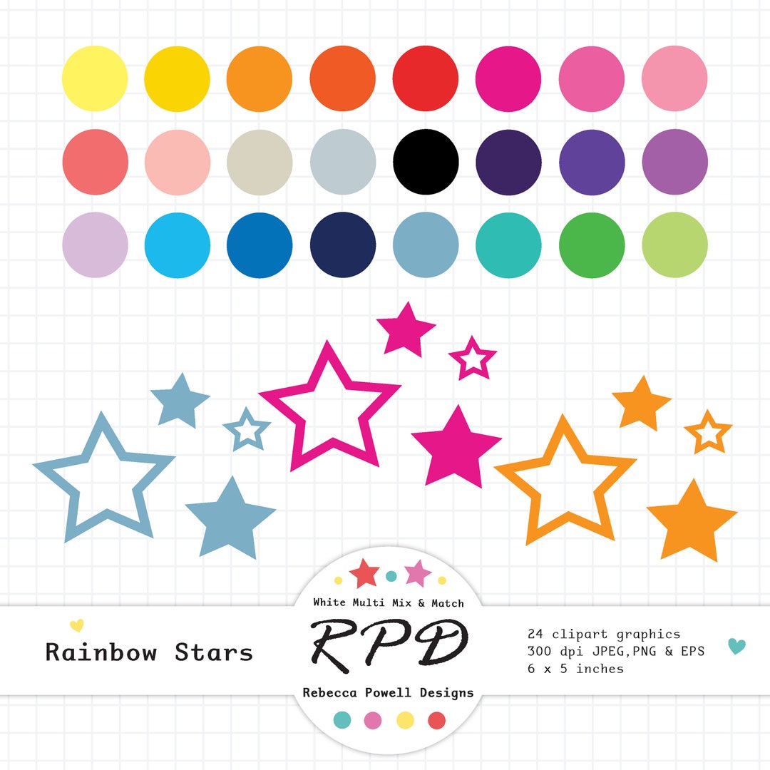 SALE Stars Digital Clip Art Set, Solid Rainbow Colours, Star Outlines ...