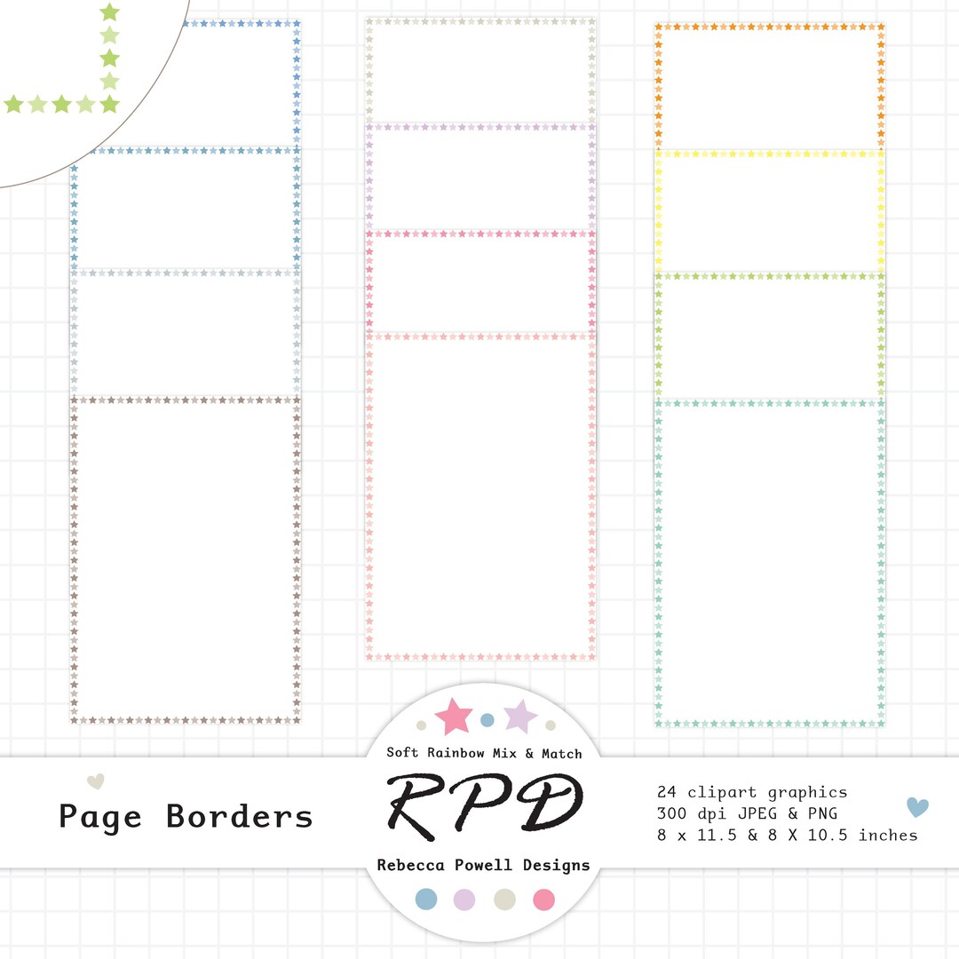 Stars Page Borders, Digital Clipart Set, Pastel Rainbow Colours, A4 ...