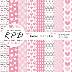 Love Hearts Digital Paper Pack: Pink & White Seamless Patterns (digital ...