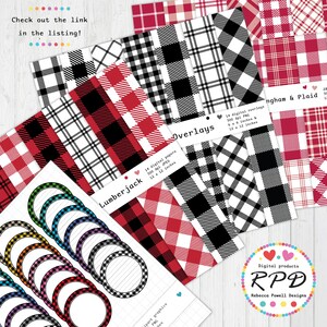 Red Plaid Digital Paper Pack , Seamless, Black, White, Lumberjack Check ...