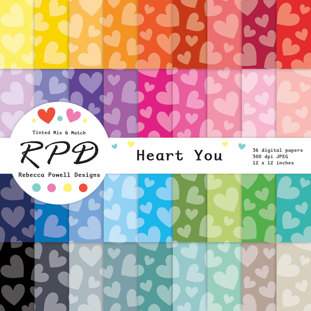 Tinted Rainbow Hearts Digital Papers: Seamless Colourful Backgrounds ...