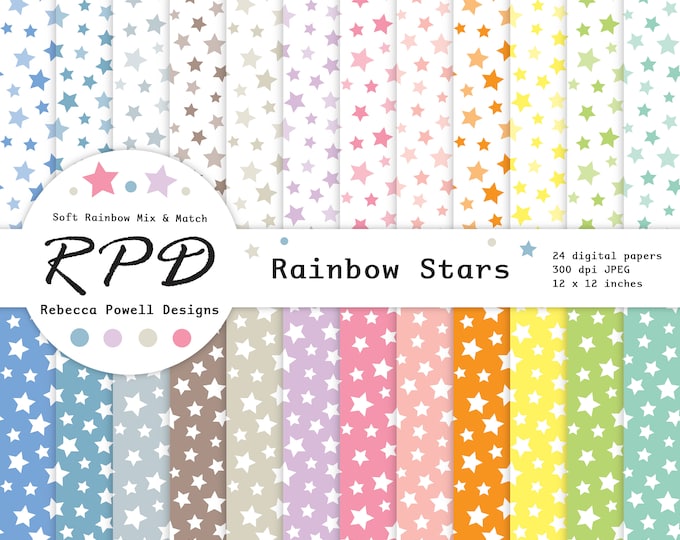 White Star Rainbow Confetti Digital Paper Bundle, Seamless Pattern ...