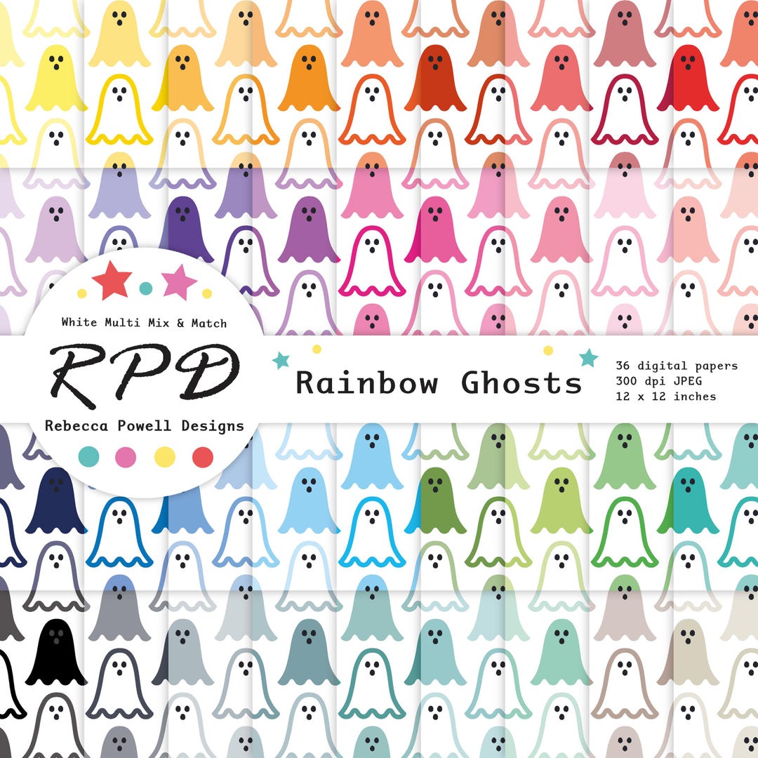 Spooky Ghosts Digital Paper, Seamless Pattern, Rainbow Colours, White ...
