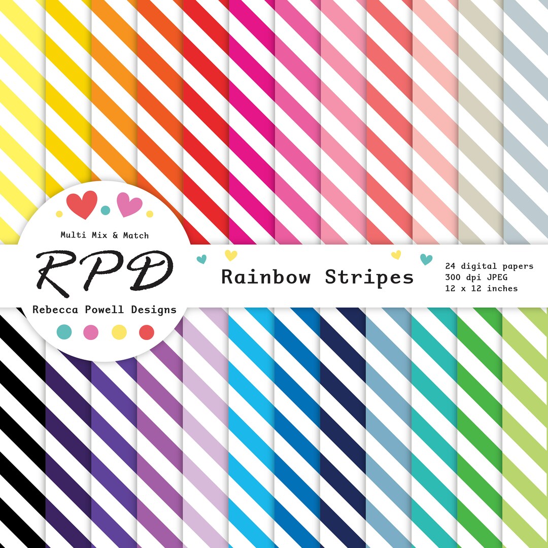 Diagonal Stripes Digital Paper Pack, Seamless Pattern, Rainbow Colours ...