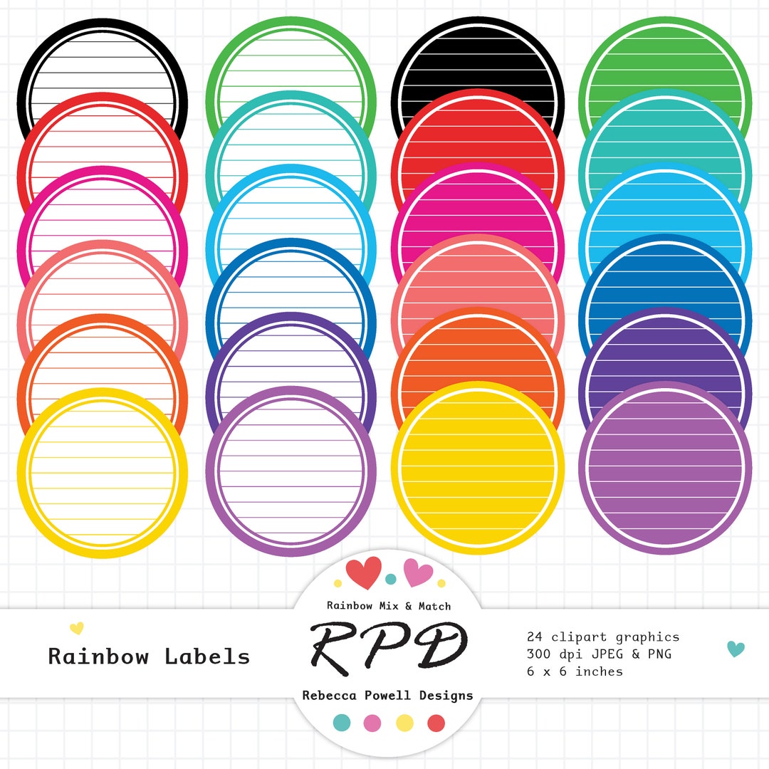 Round Circle Labels Digital Clip Art Set, Lined Paper, Rainbow Colours ...