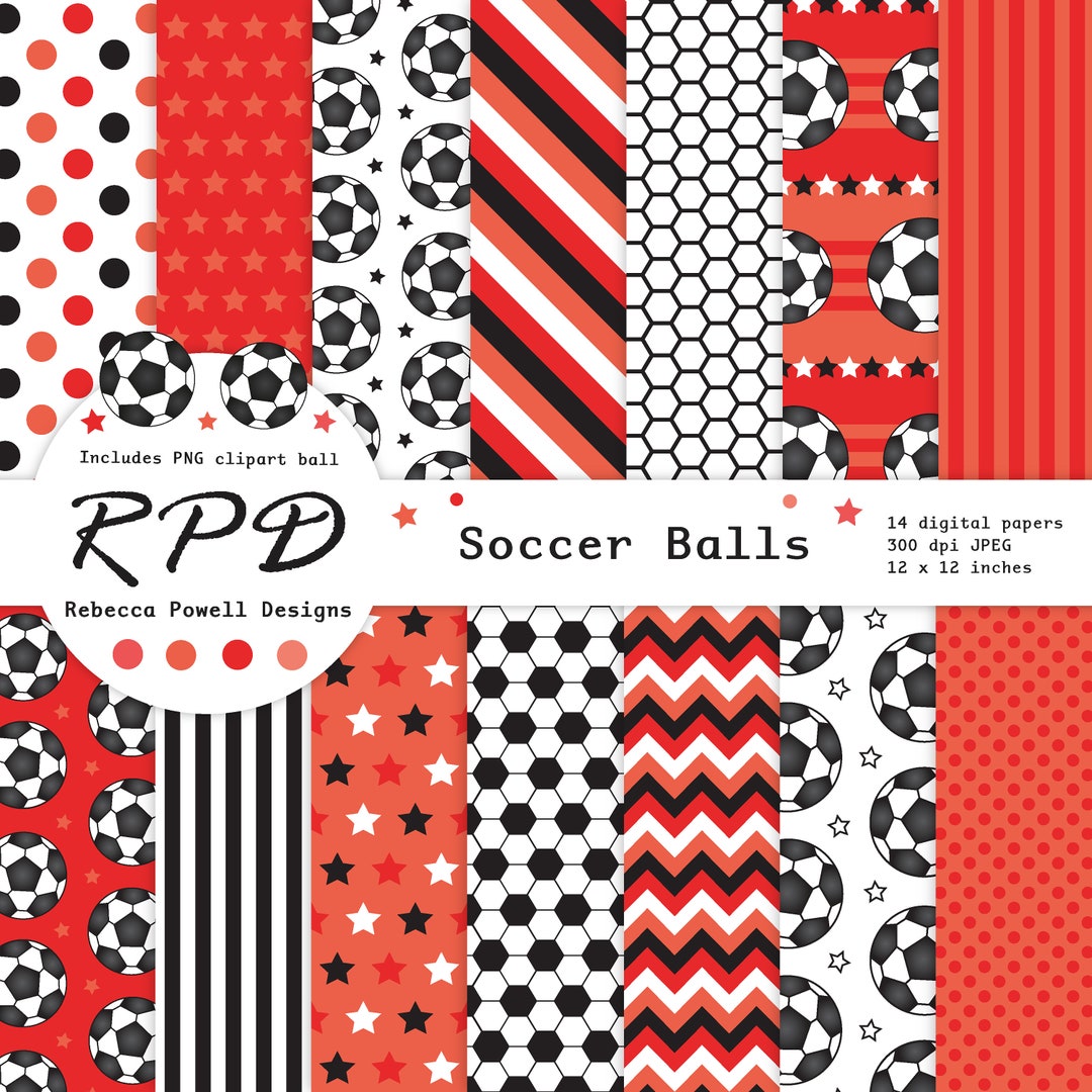 Soccer Football Digital Paper Pack, Seamless, PNG Clip Art Ball, Red ...