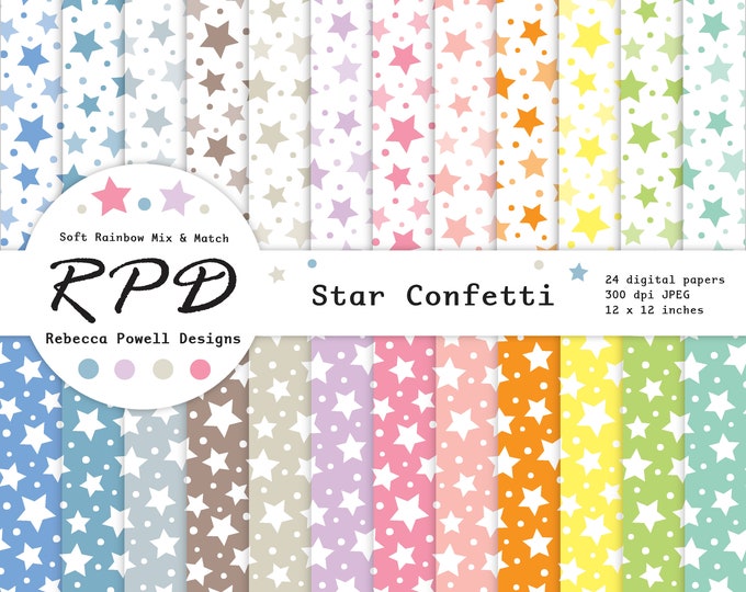 White Star Rainbow Confetti Digital Paper Bundle, Seamless Pattern ...