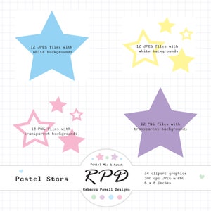 Stars Digital Clip Art Set, Solid Pastel Colours, Star Outlines, Png ...