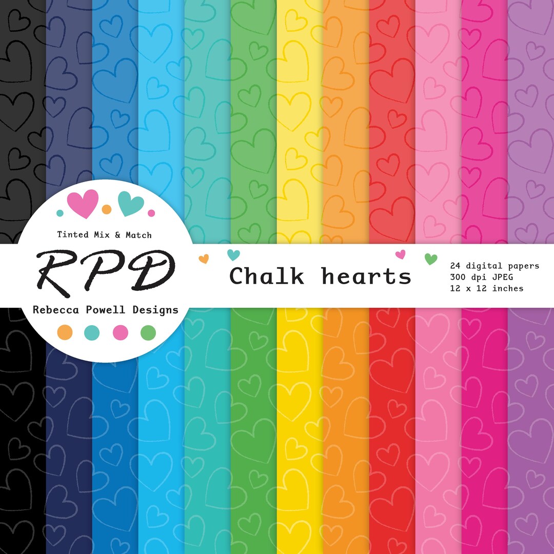 Hand Drawn Love Hearts Digital Paper Pack - Seamless Rainbow Colours ...