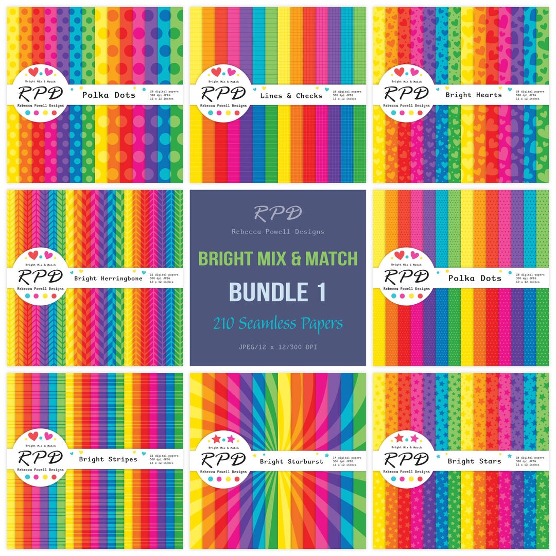 Digital Paper Seamless Patterns Bundle, Bright Rainbow Colours ...
