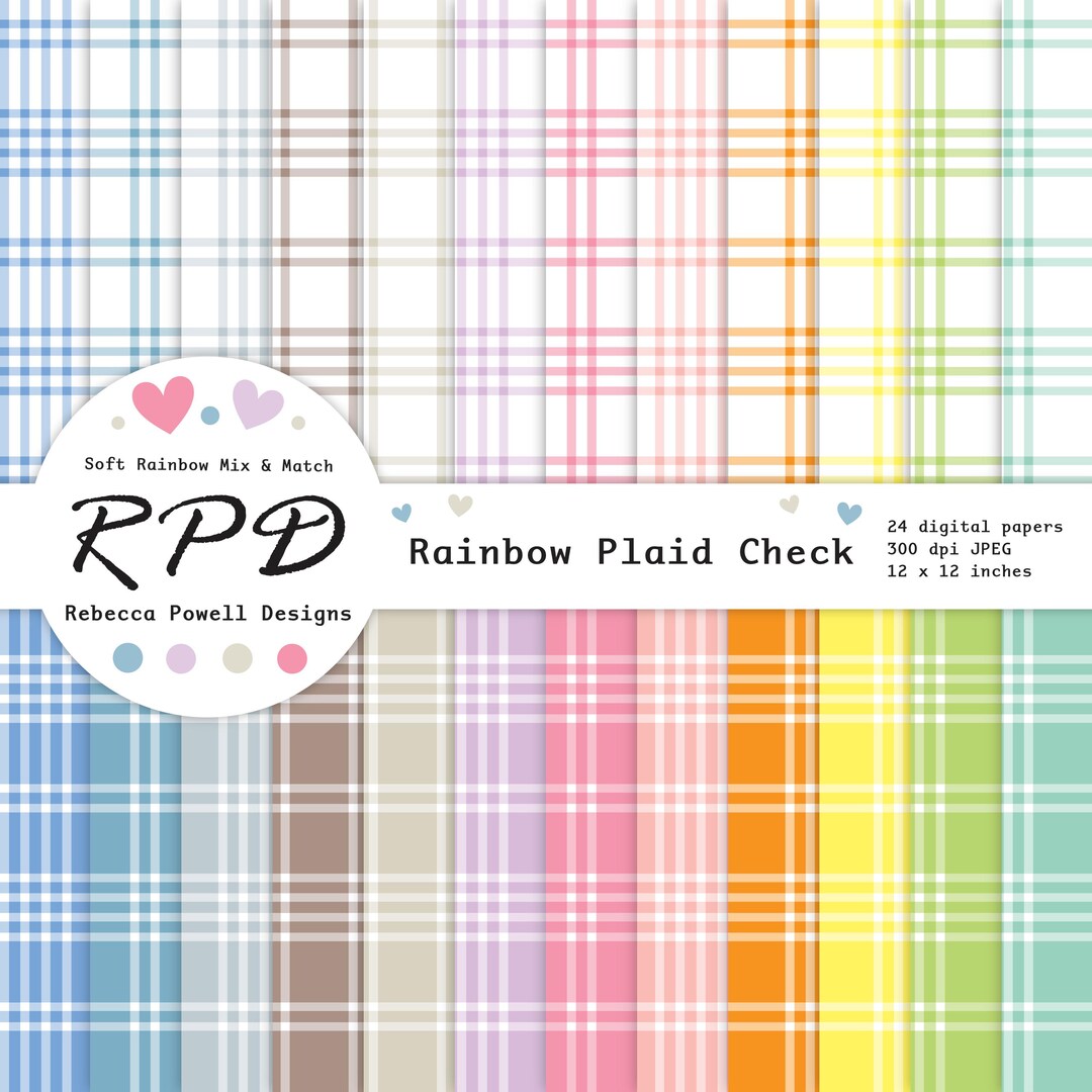 Plaid Pattern Seamless Digital Paper, Pastel Rainbow Colours & White ...