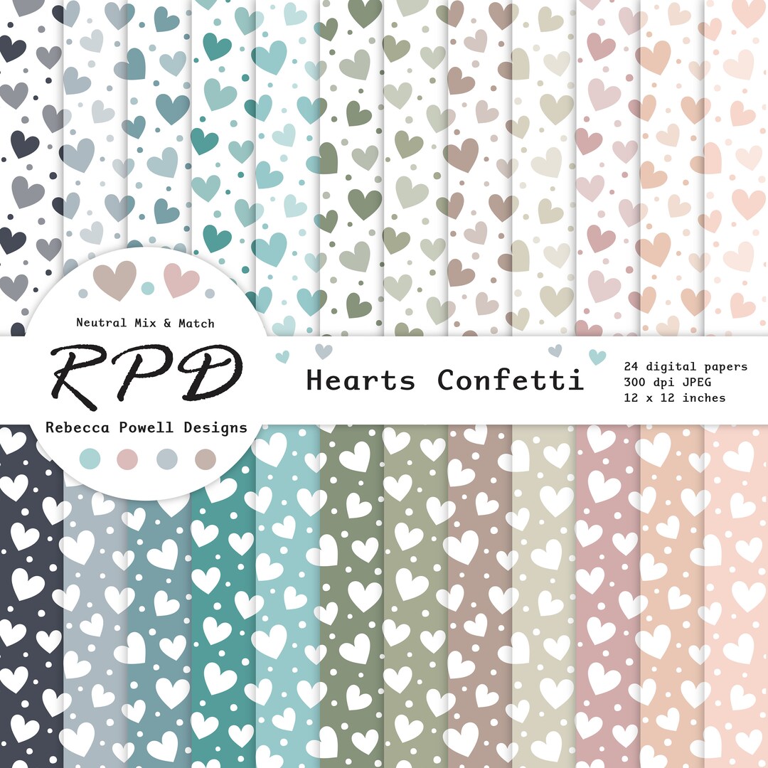Love Hearts Confetti Digital Paper Pack, Seamless Pattern, Neutral ...